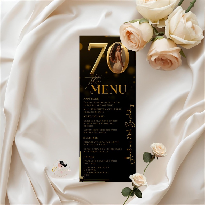 70th Birthday Party Menu Card, Black Gold Elegant Dinner Menu With ...