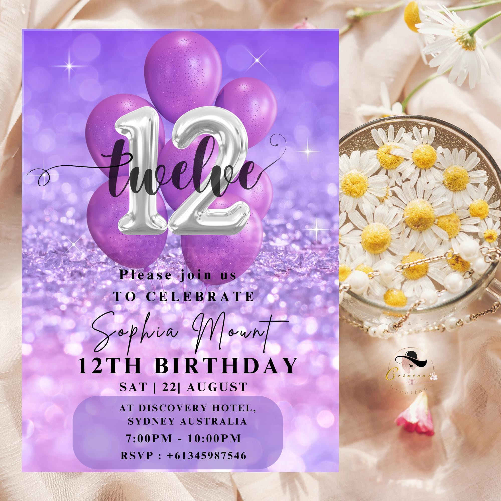 DIGITAL 12TH Birthday Invitation , Editable Glittery Purple and Pink ...