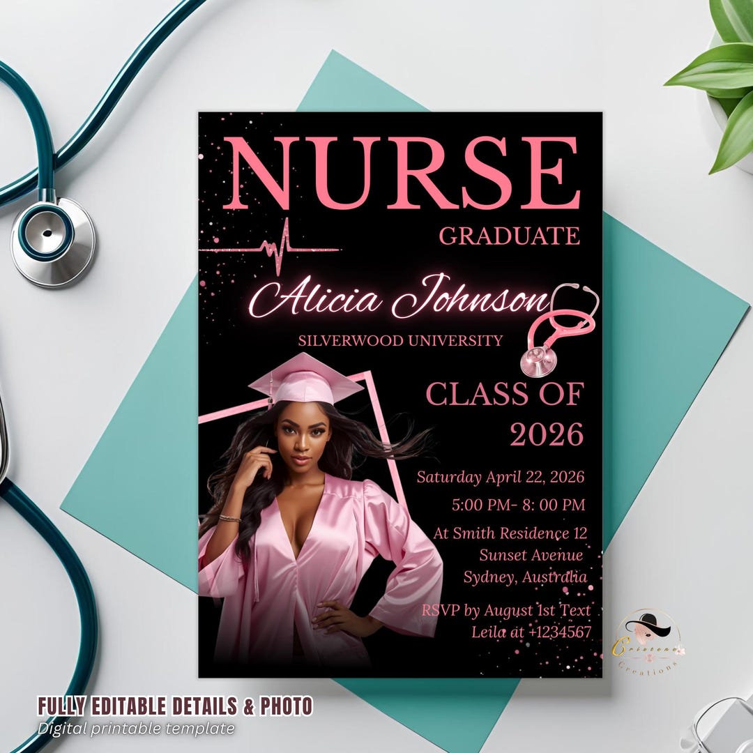 Nurse Graduation Invitation With Photo, Pink Black RN Pinning Ceremony ...