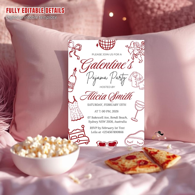 Galentines Pajama Party Invitation, Red Slumber Girls Night Invite, Teen Sleepover Invite, Cozy ...