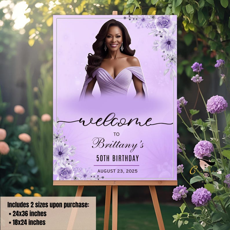 Editable Welcome Party Sign Purple Floral Birthday Dinner Sign ...