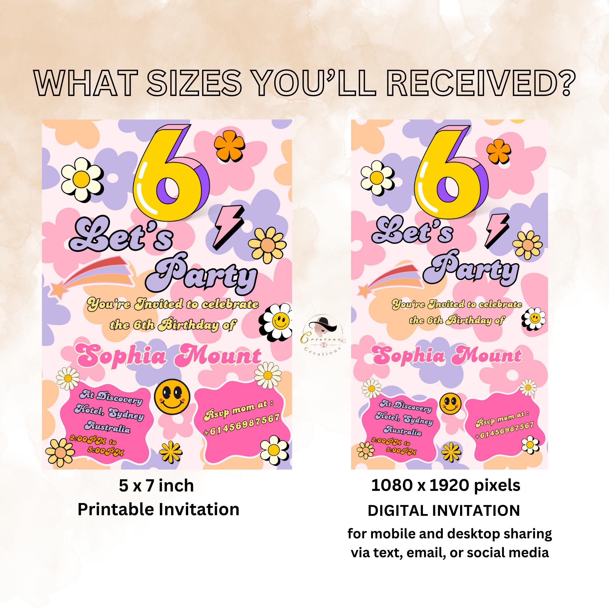 6th Birthday Invitations Card Template, Girl Digital Party Invite ...