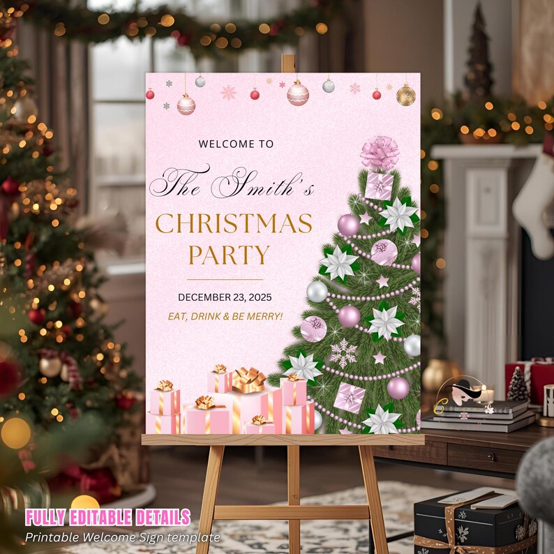 Editable Christmas Party Welcome Sign Pink Friendsmas Dinner Sign ...