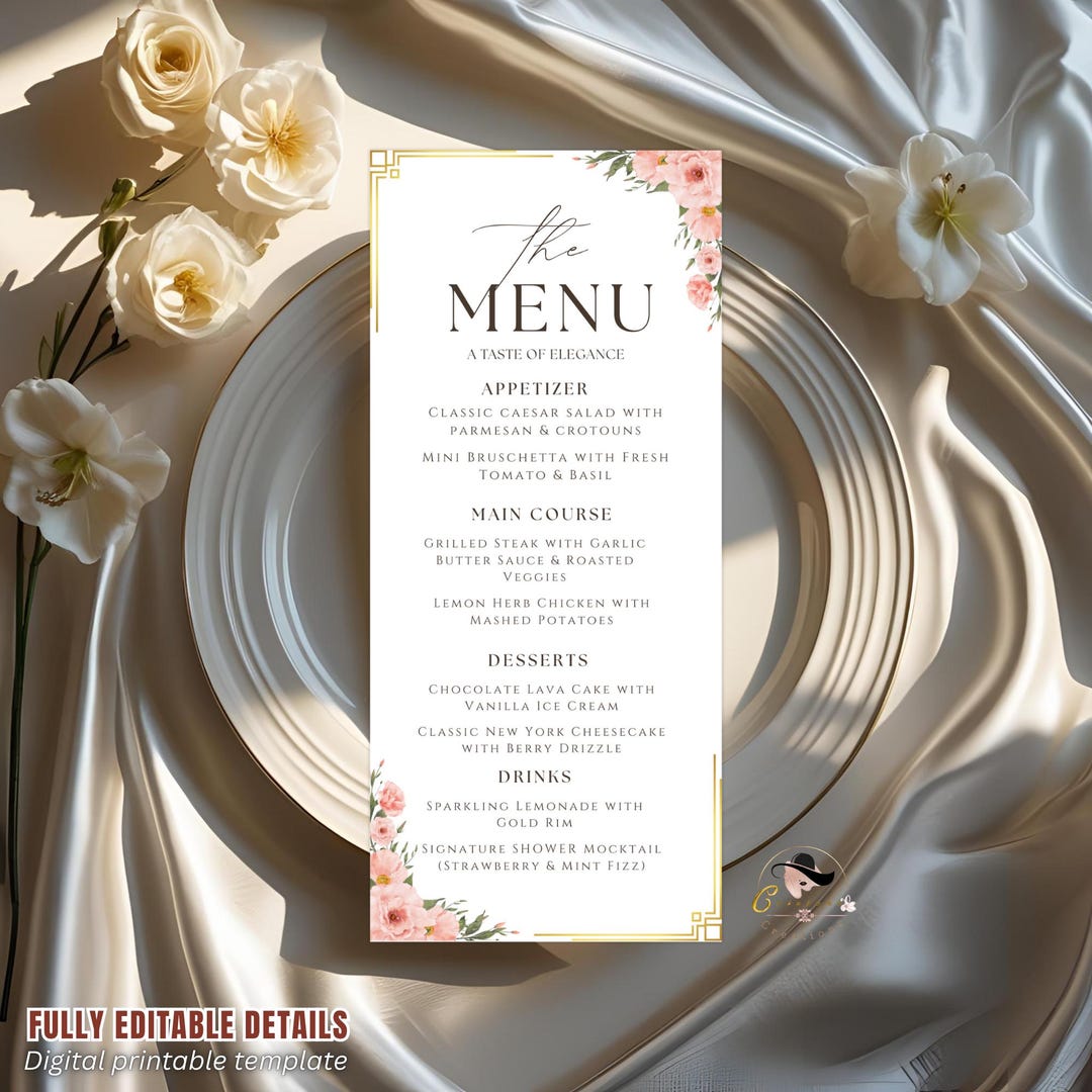 Editable Birthday Party Menu Template Floral Dinner Menu Card Printable ...