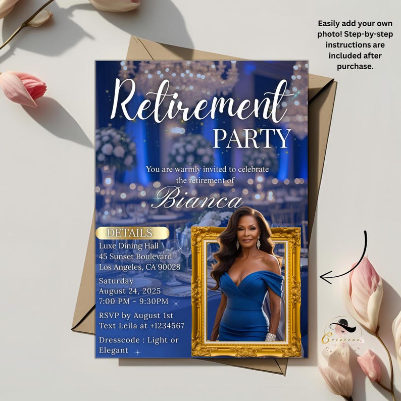 Digital Retirement Party Invitation With Photo Blue Gold Surprise ...