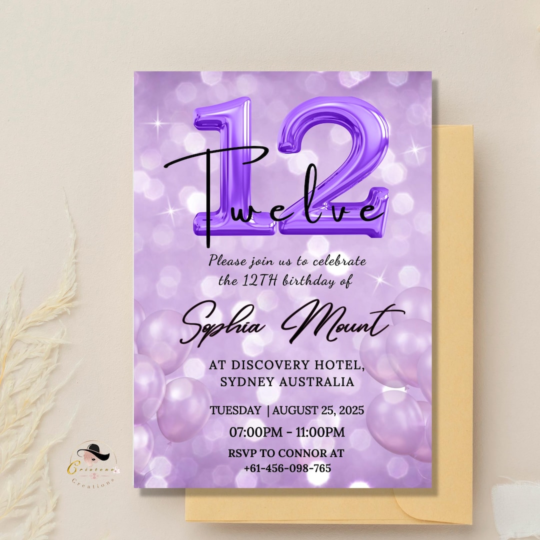 12th Birthday Invitation Card Girl, Purple Lilac Digital Invite ...