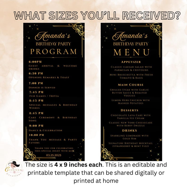Black Gold Menu and Program Template Birthday Party Menu Cards ...