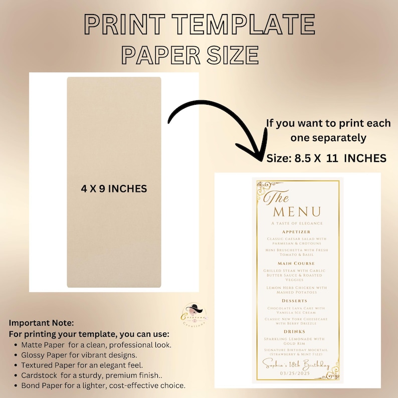 White Gold Menu and Program Template, Birthday Party Menu Cards Digital ...