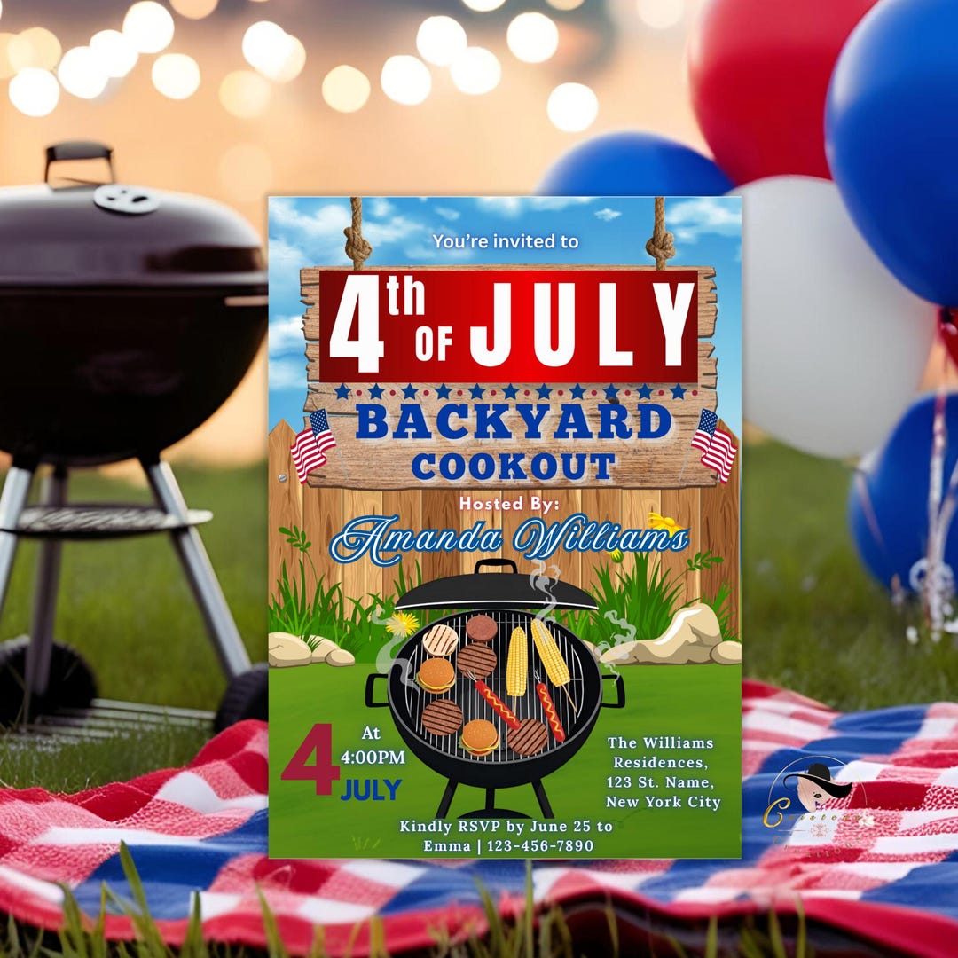 Fourth of July Cookout Invitation, 4th of July Backyard BBQ Invite ...