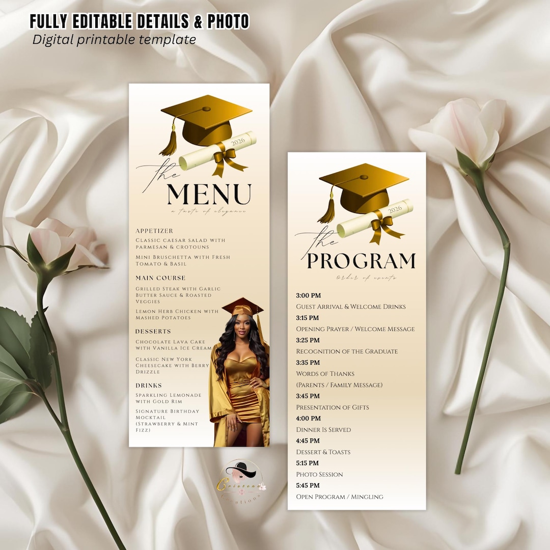 White Gold Graduation Menu and Program Card, Senior Grad Party Menu ...
