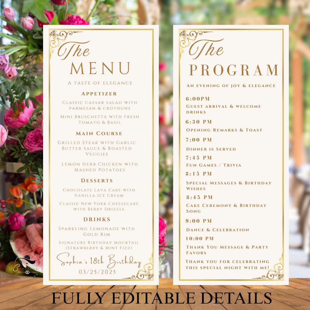 White Gold Menu and Program Template, Birthday Party Menu Cards Digital ...