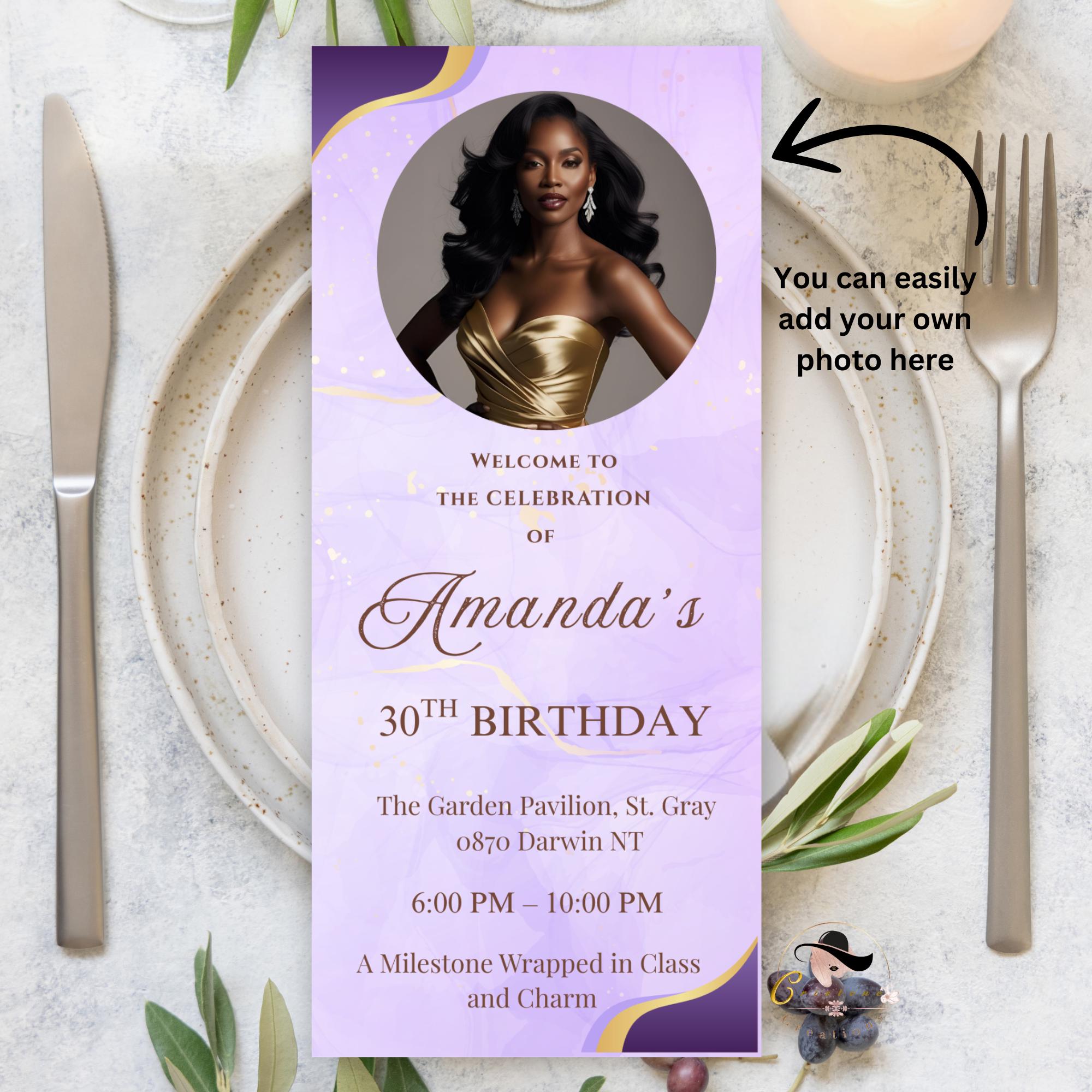 Editable Program Card Template, Purple Birthday Party Program, Formal ...