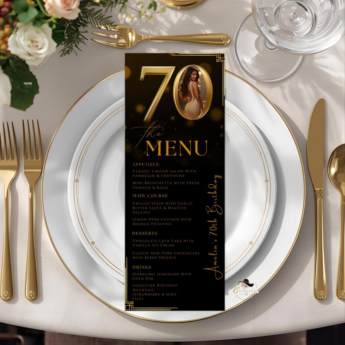 70th Birthday Party Menu Card, Black Gold Elegant Dinner Menu With ...