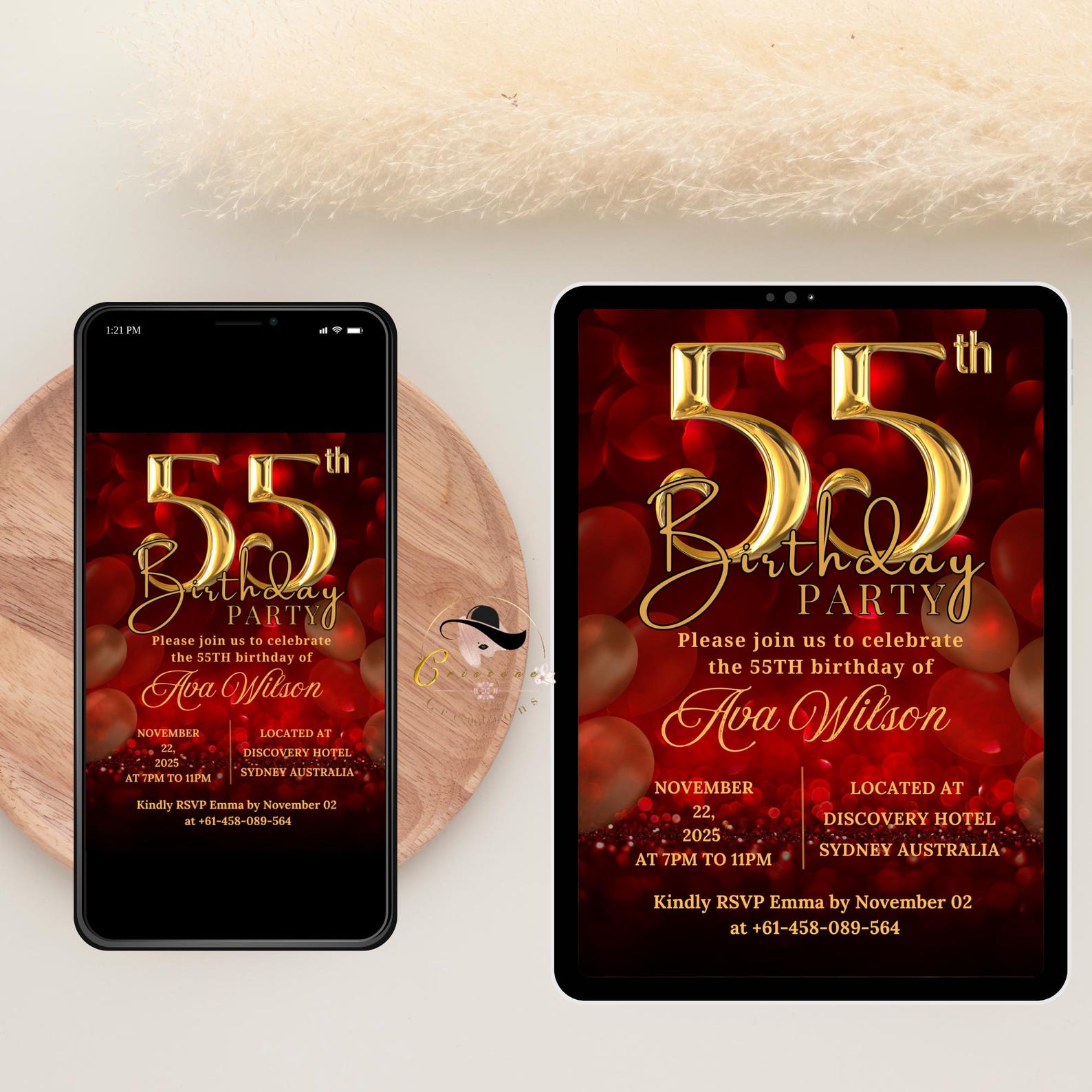 Red and Gold 55th Birthday Invitation, Elegant Dinner Party (digital ...
