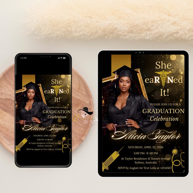 Digital Nurse Graduation Invitation With Photo, Black Gold RN ...