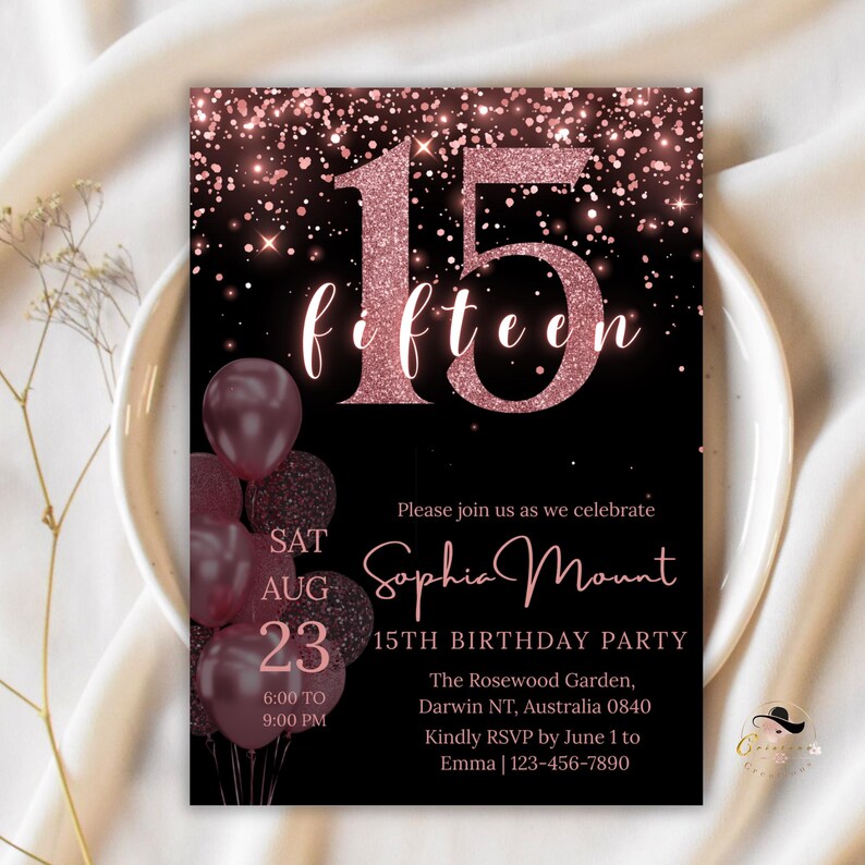 15th Birthday Invitation Girl, Digital 15th Birthday Party Invite ...