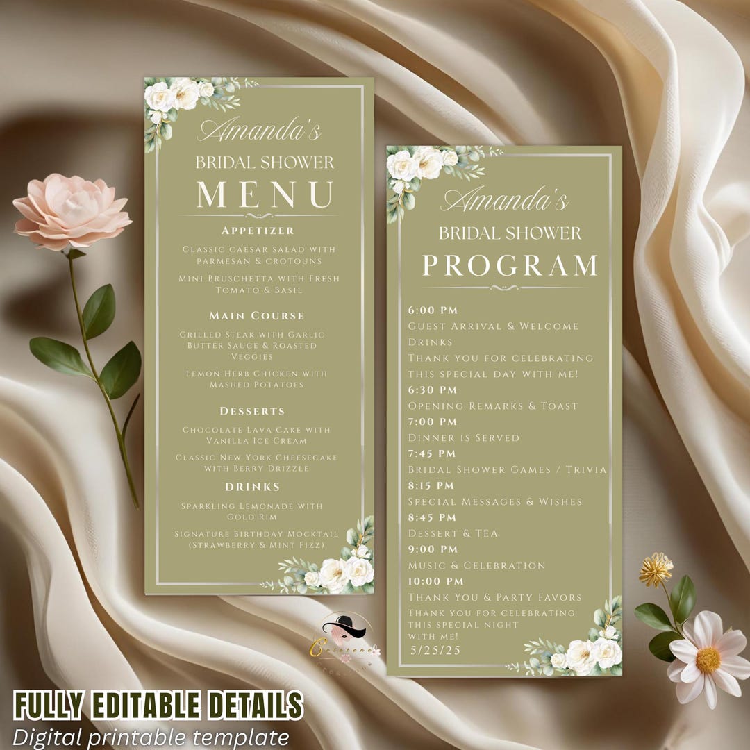 Menu and Program Template Bridal Shower Menu Card Printable Engagement ...