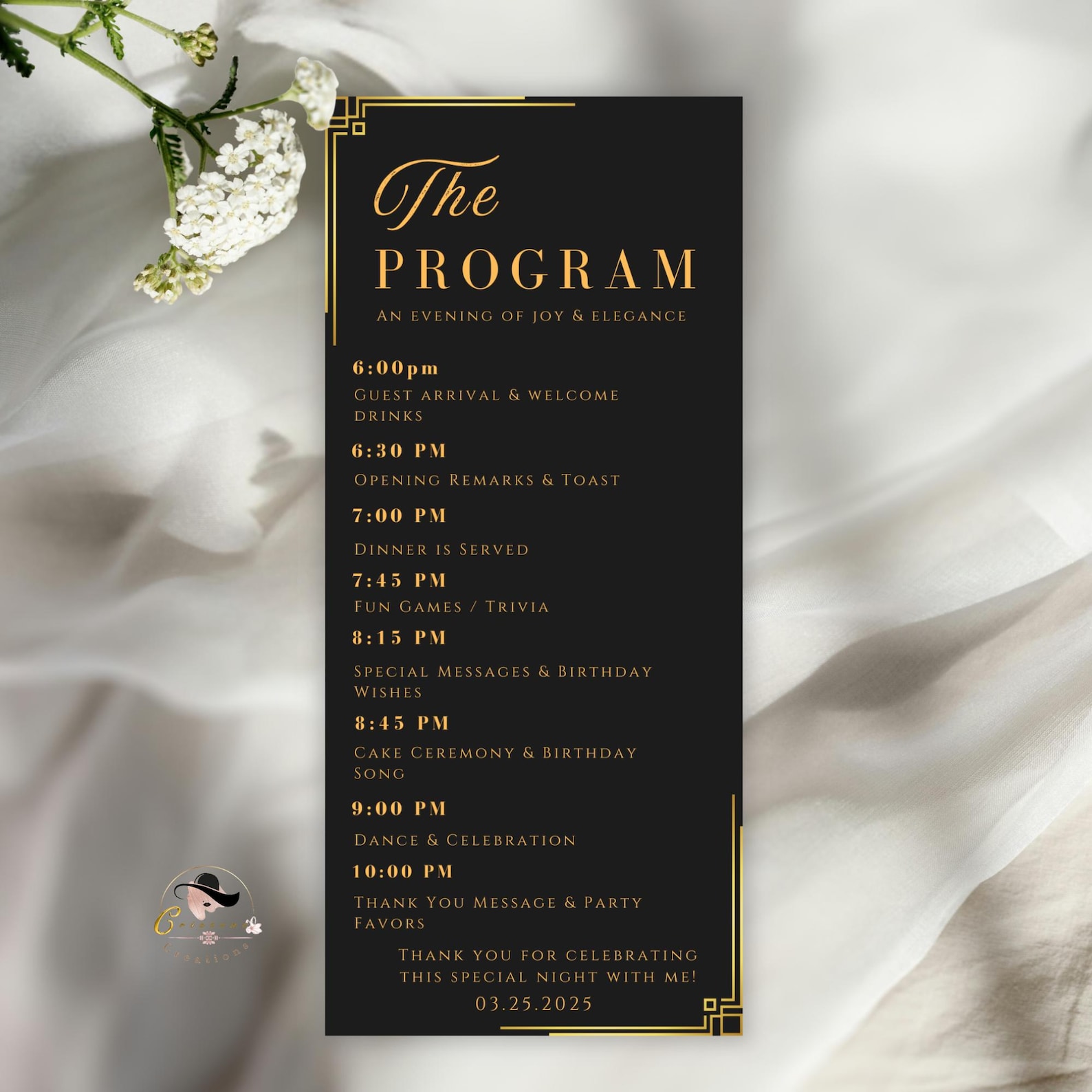 Birthday Party Program Template, Black Gold Event Program Schedule ...