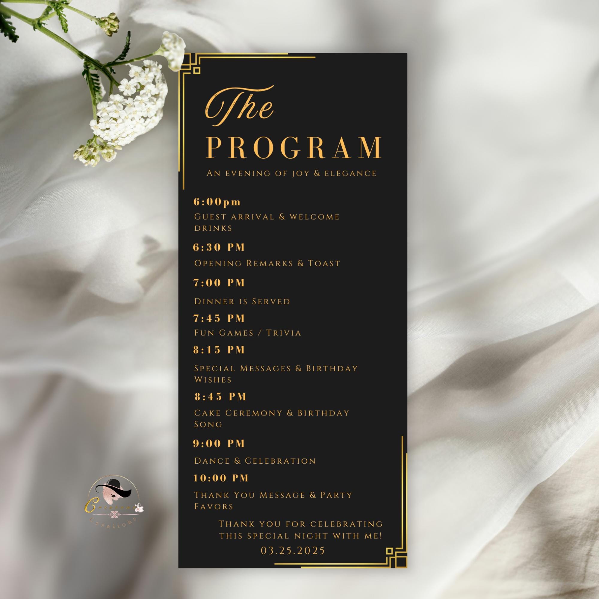 Birthday Party Program Template, Black Gold Event Program Schedule ...