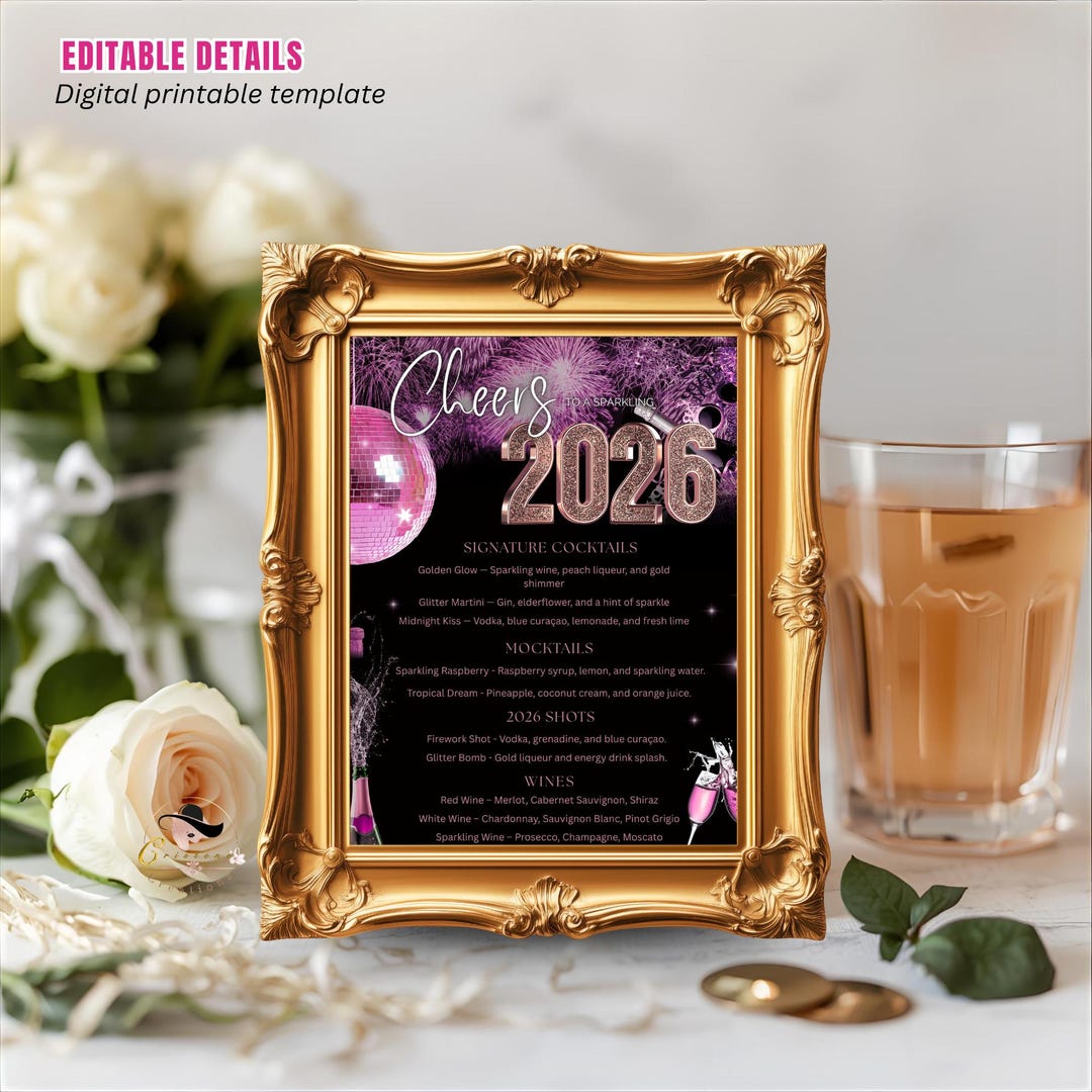 Editable New Years Eve Party Drink Menu Sign Pink Black NYE Drink Menu ...