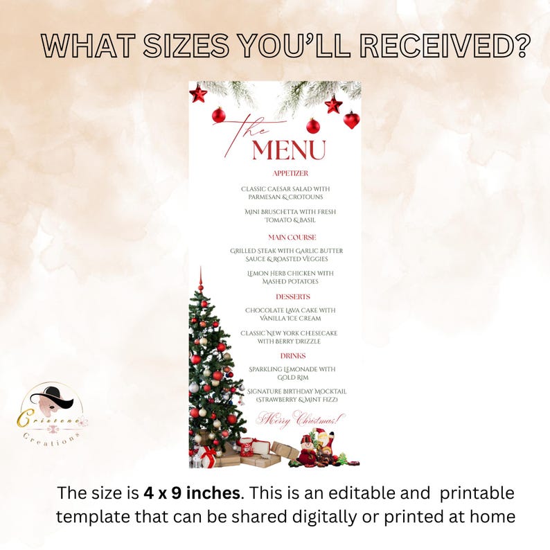 Editable Christmas Dinner Menu Template Holiday Xmas Party Menu Card ...