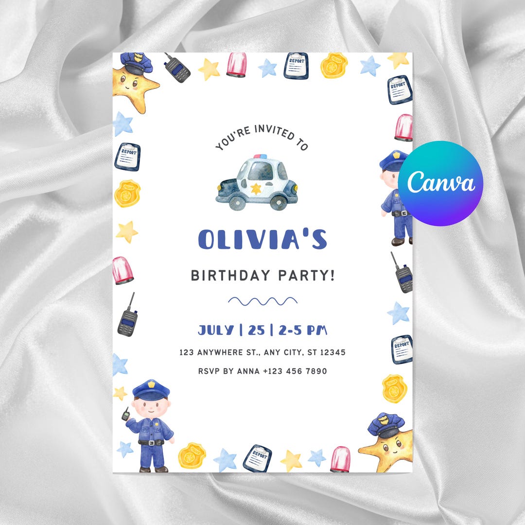 Editable Police Birthday Party Invitation Template Police Officer ...