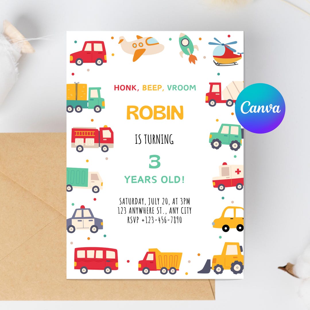 Editable Transportation Party Invitation Template Honk Beep Choo Choo ...