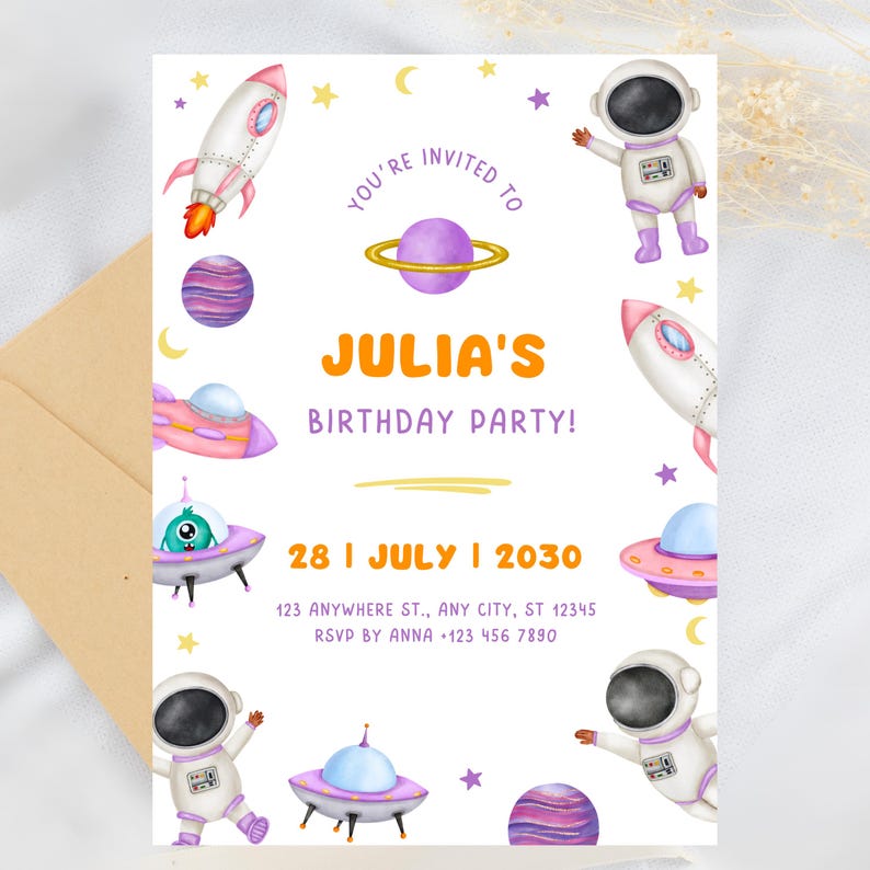 Editable Outer Space Birthday Invitation Template Planets Rocket Ship ...