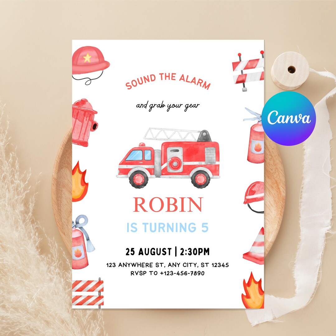 Editable Fire Truck Birthday Invitation Template Firetruck Birthday ...