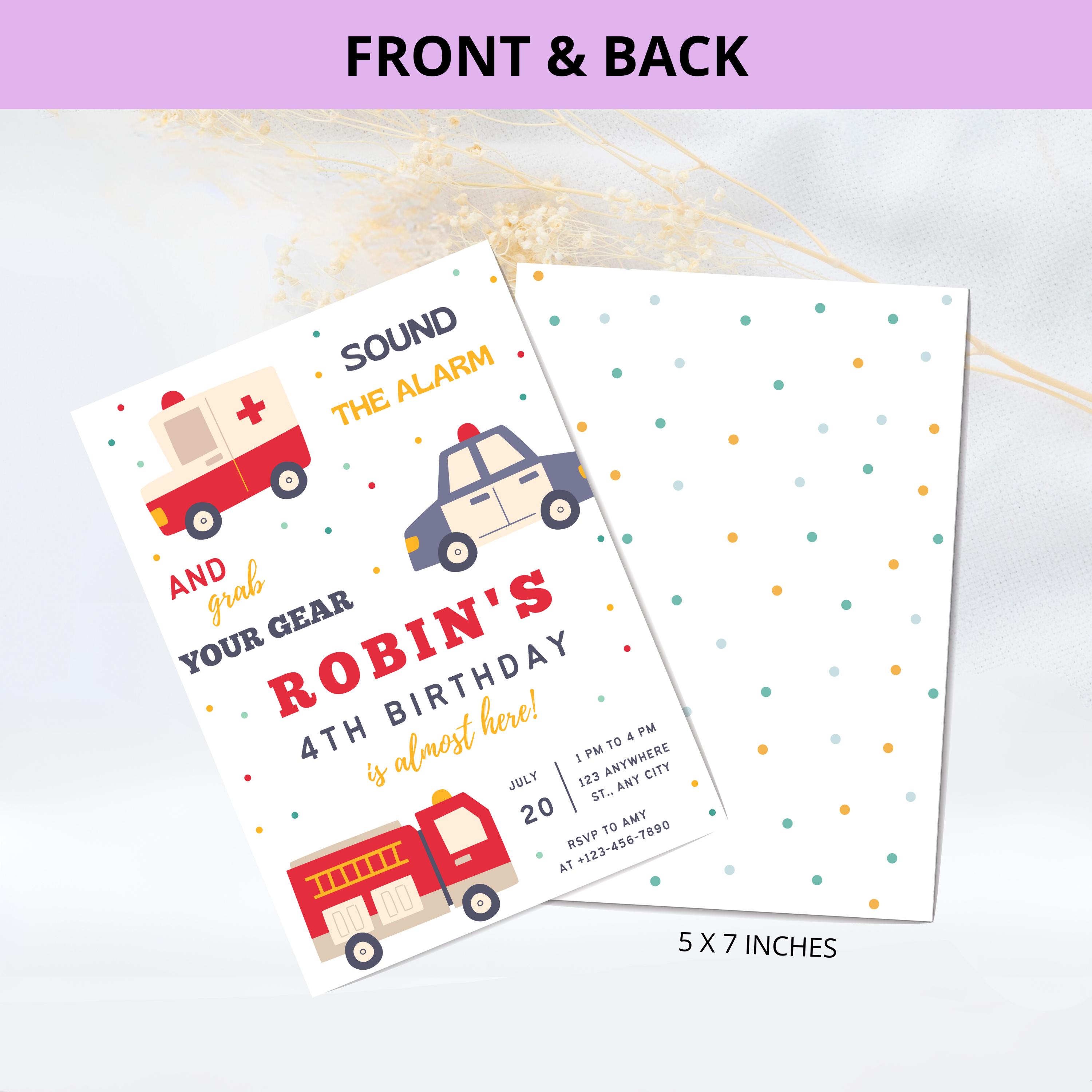 Editable Emergency Vehicles Party Invitation Template First Responders ...