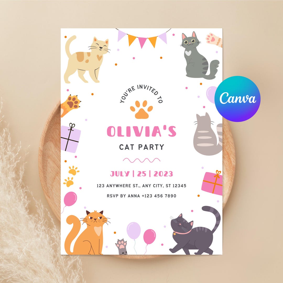Editable Cat Birthday Party Invitation Template Kitten Birthday Invite ...
