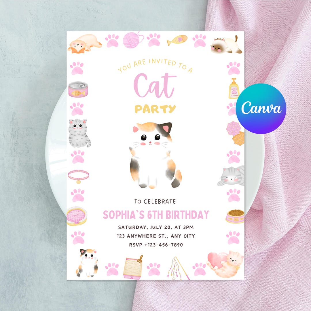 Editable Cat Birthday Party Invitation Template Kitten Birthday Invite ...