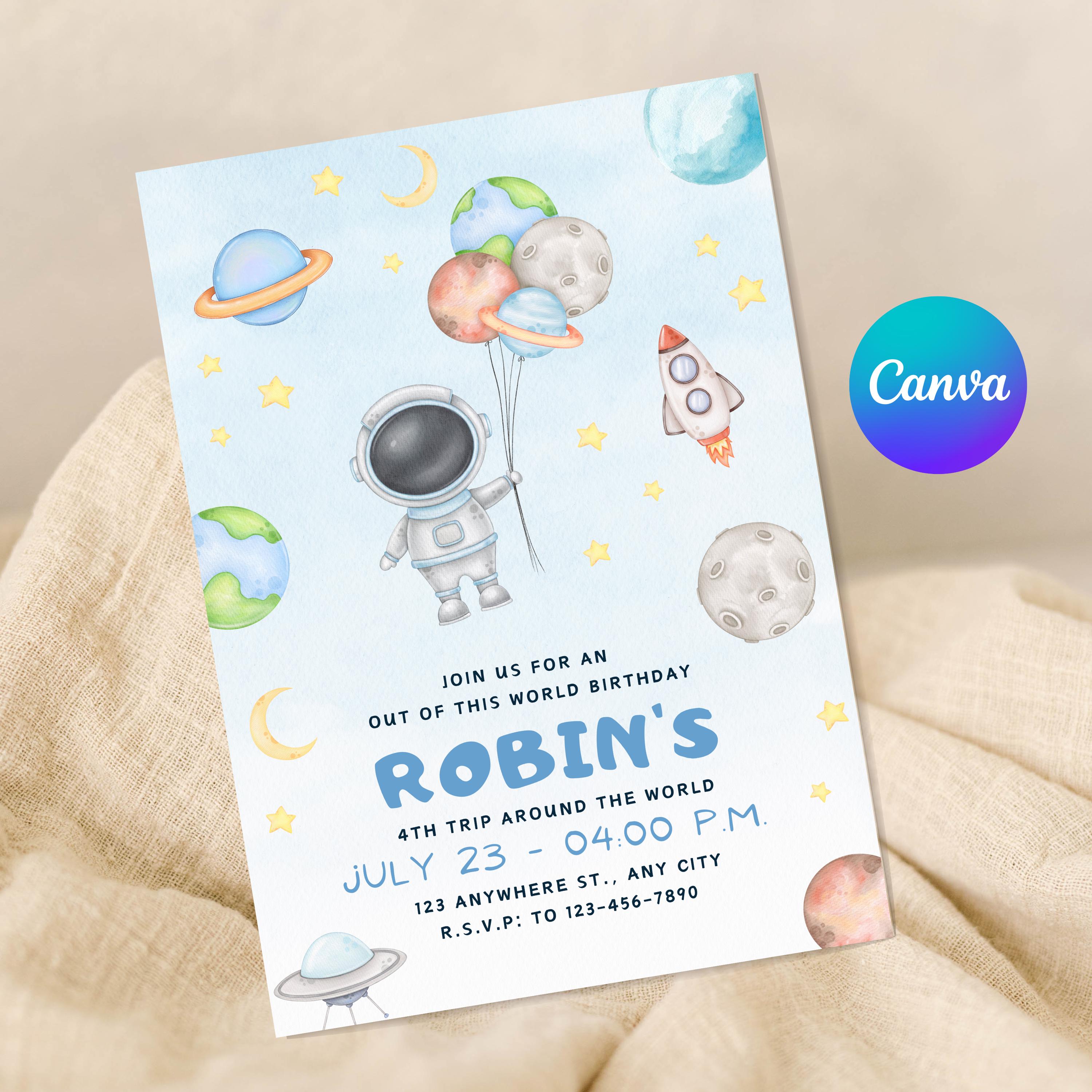 Editable Outer Space Birthday Invitation Template Planets Rocket Ship ...
