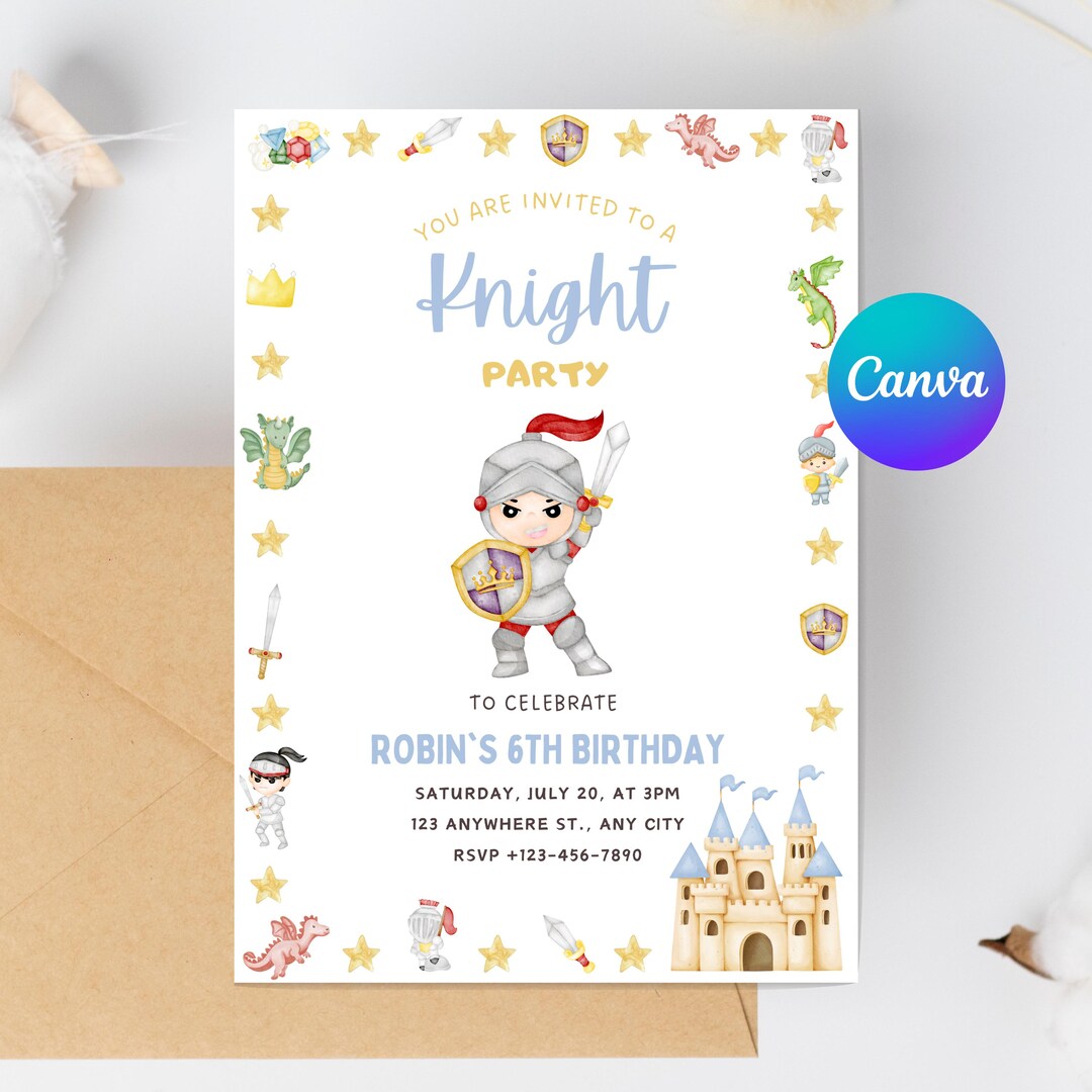 Editable Knight Birthday Party Invitation Template Knight Boy Royal ...