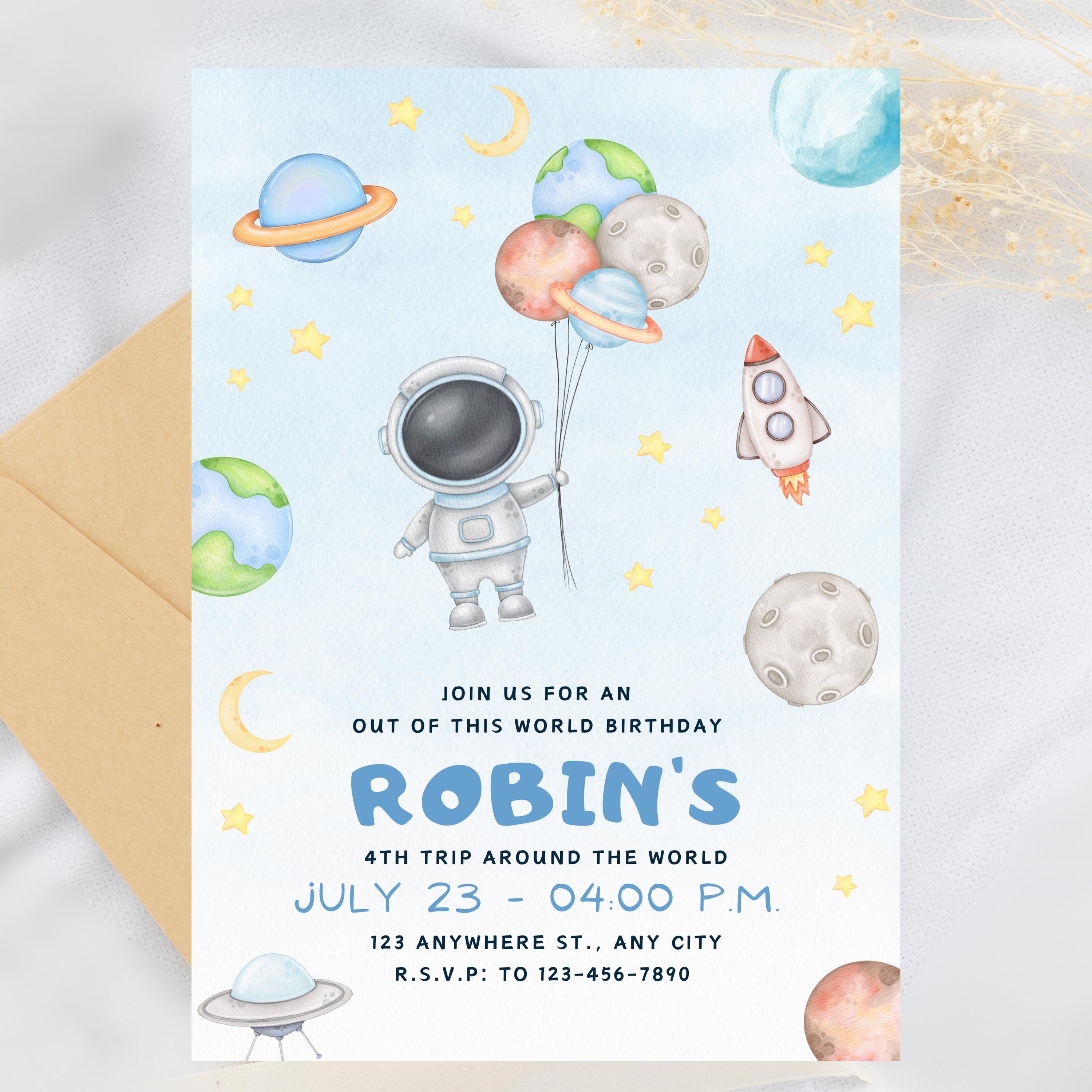 Editable Outer Space Birthday Invitation Template Planets Rocket Ship ...