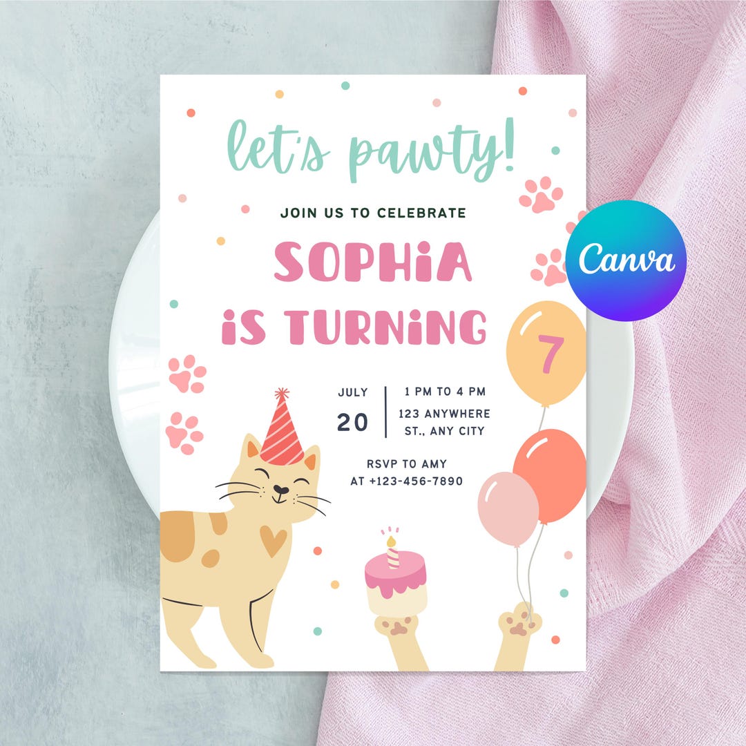Editable Cat Birthday Party Invitation Template Kitten Birthday Invite ...