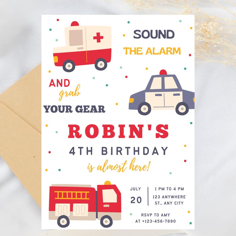 Editable Emergency Vehicles Party Invitation Template First Responders ...