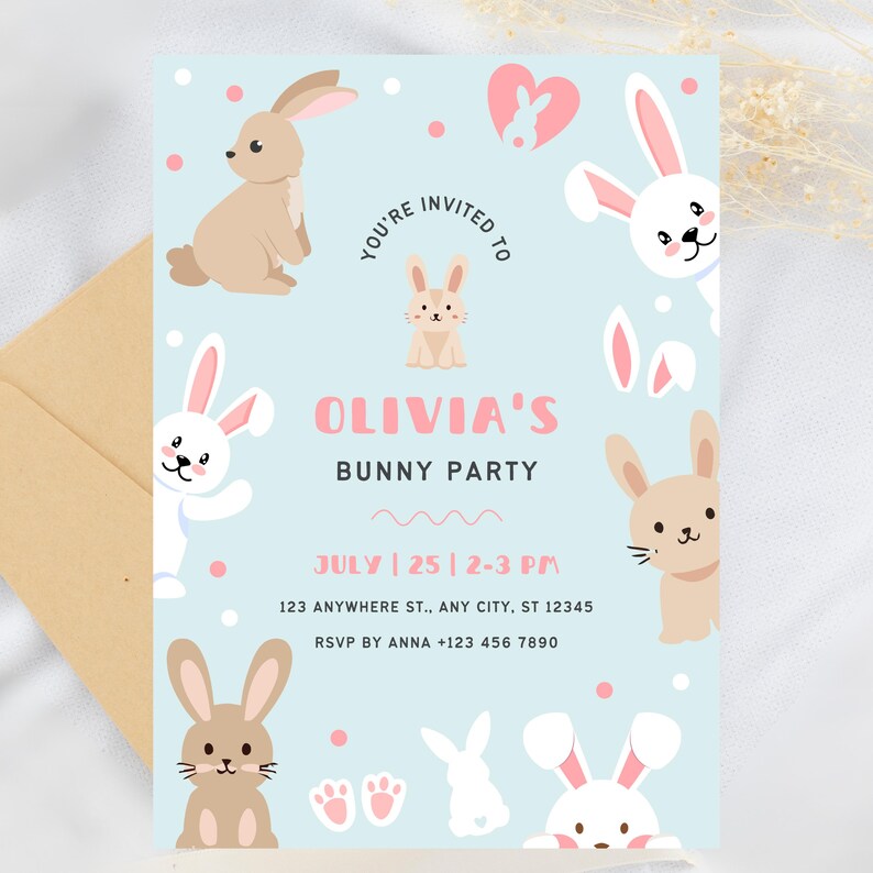 Editable Bunny Birthday Party Invitation Template Rabbit Invitation ...