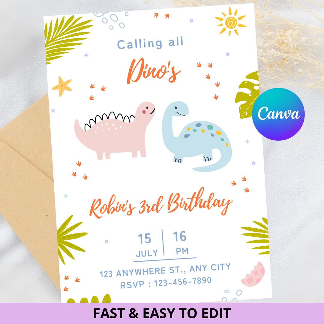 Editable Dinosaur Party Invitation Template Dino Dinosaur Jurassic ...