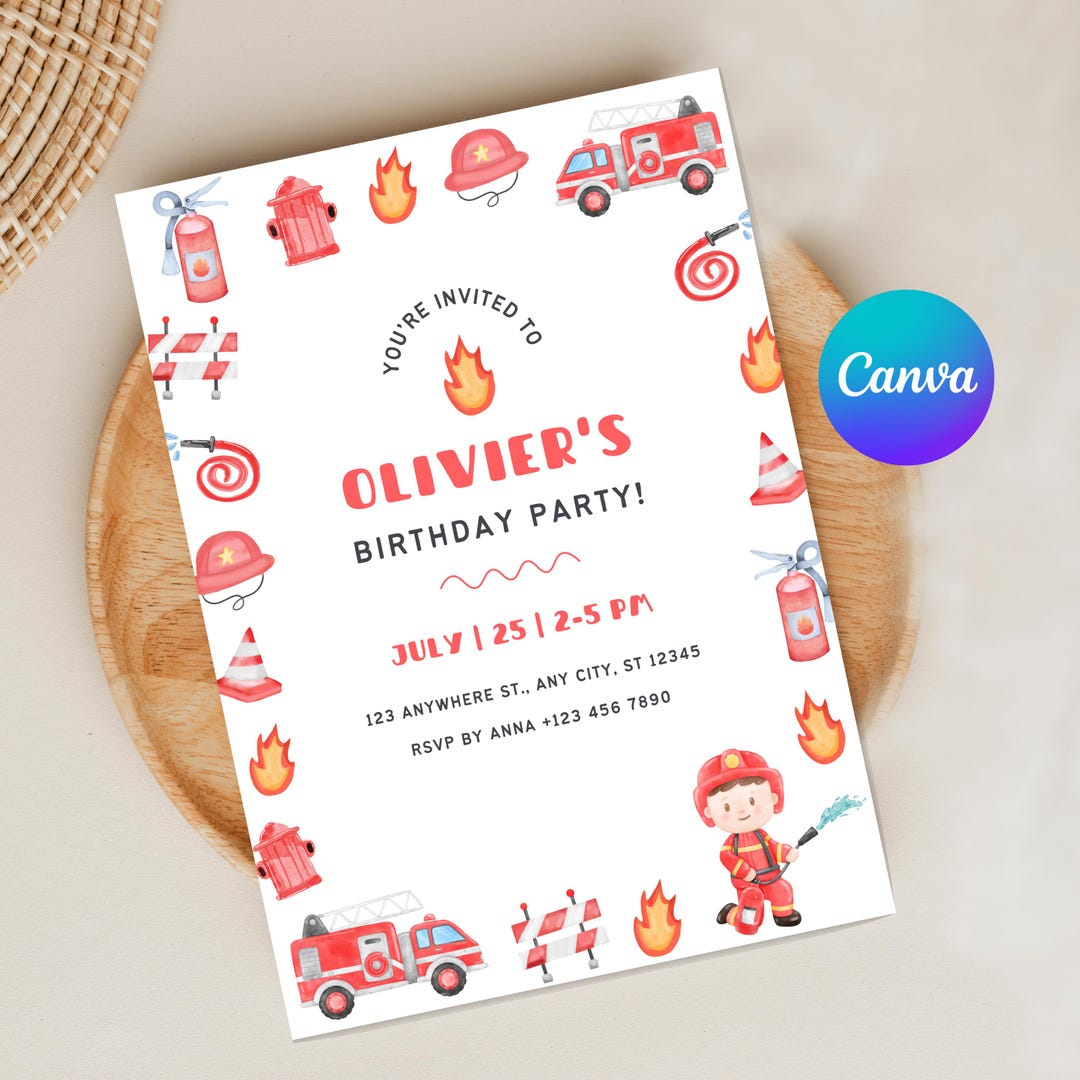 Editable Fire Truck Birthday Invitation Template Firetruck Birthday ...