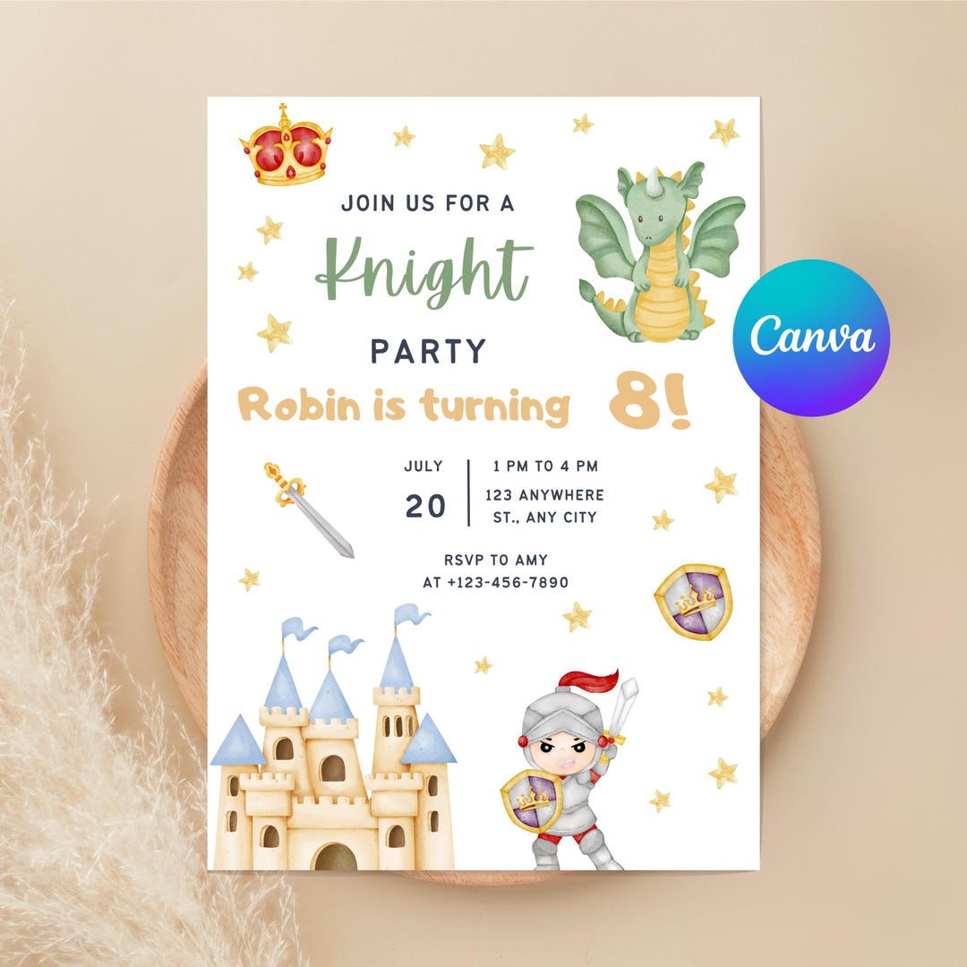 Editable Knight Birthday Party Invitation Template Knight Boy Royal ...