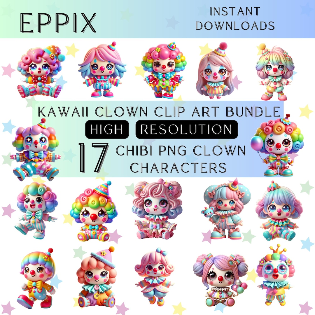 Kawaii Clown Clip Art Bundle 17 High-resolution Chibi PNG Characters ...