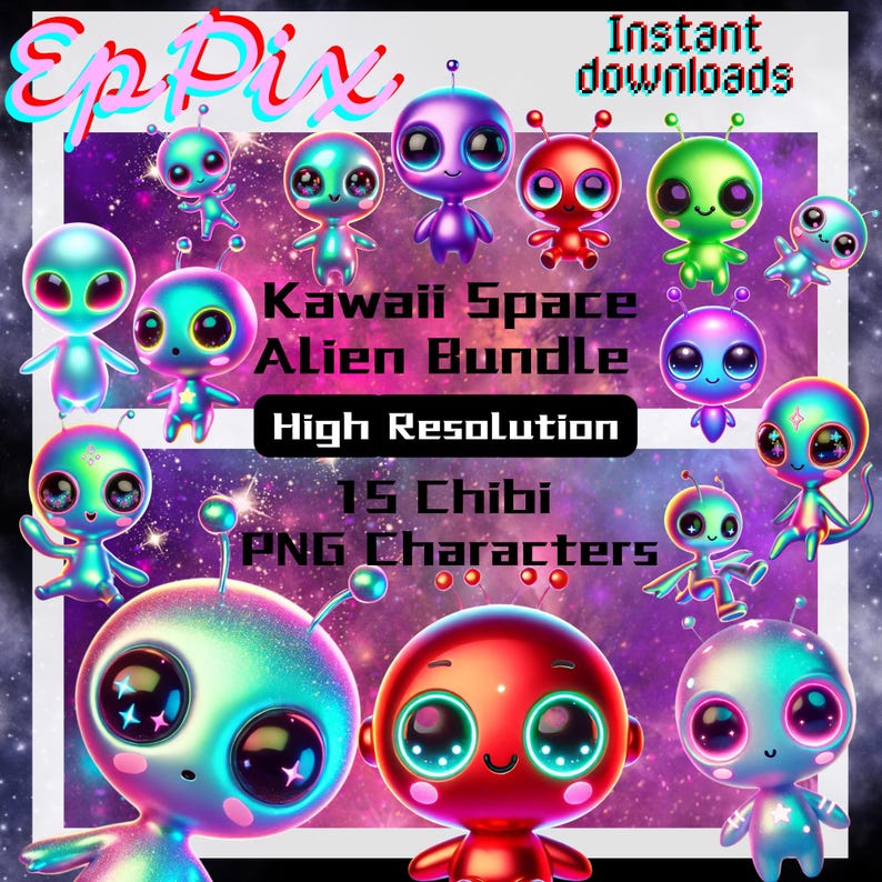 Kawaii Space Alien Bundle 15 Chibi PNG Characters High-resolution ...