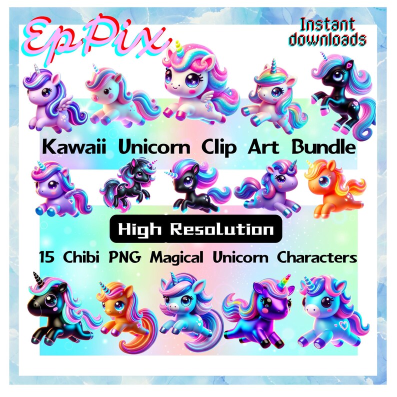 Kawaii Unicorn Clip Art Bundle 15 Chibi Magical Unicorns High ...