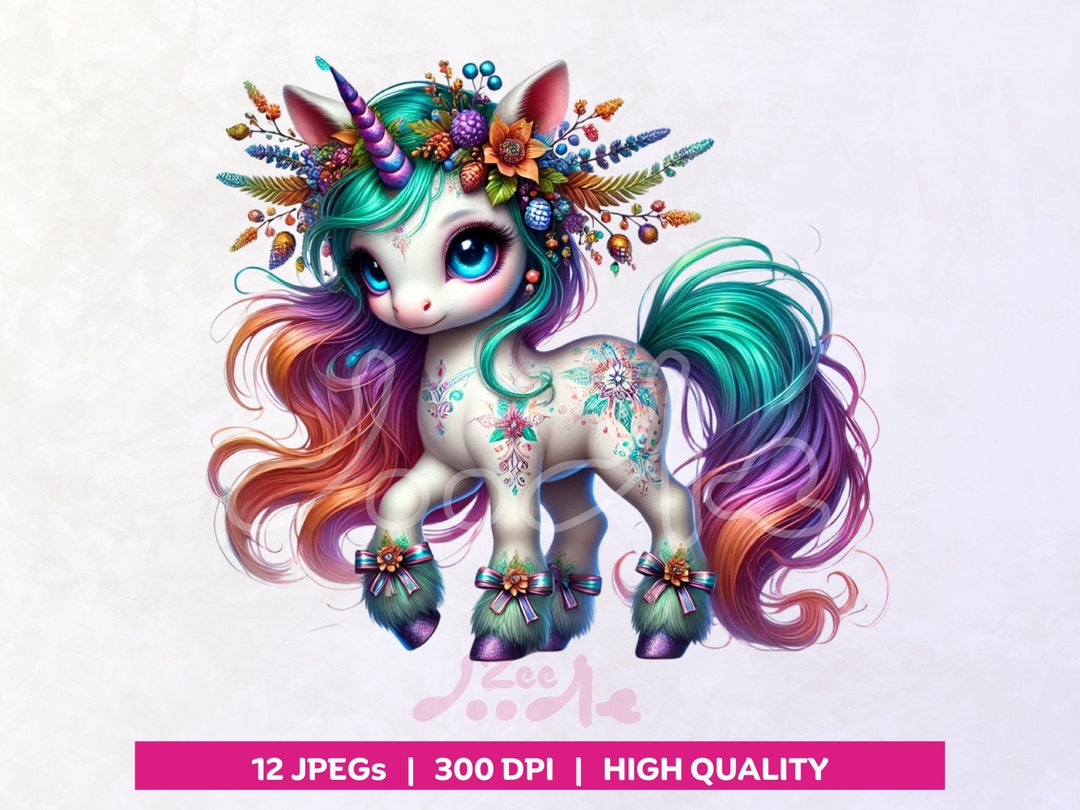 Rainbow Unicorn Clipart, Set of 12 High-quality JPEG, 300 DPI, Fantasy ...