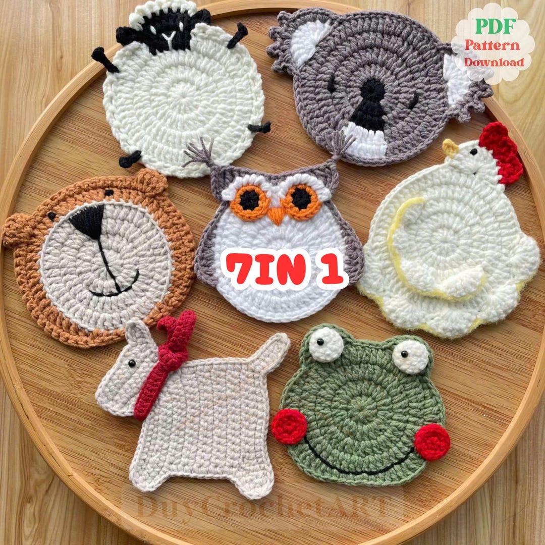 Animal Coaster Crochet Pattern PDF,7 in 1 Cute Animal Coasters Set ...