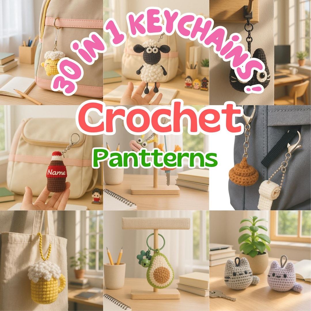30-in-1 Crochet Keychain Patterns Bundle, Cute Amigurumi Bag Charms PDF ...