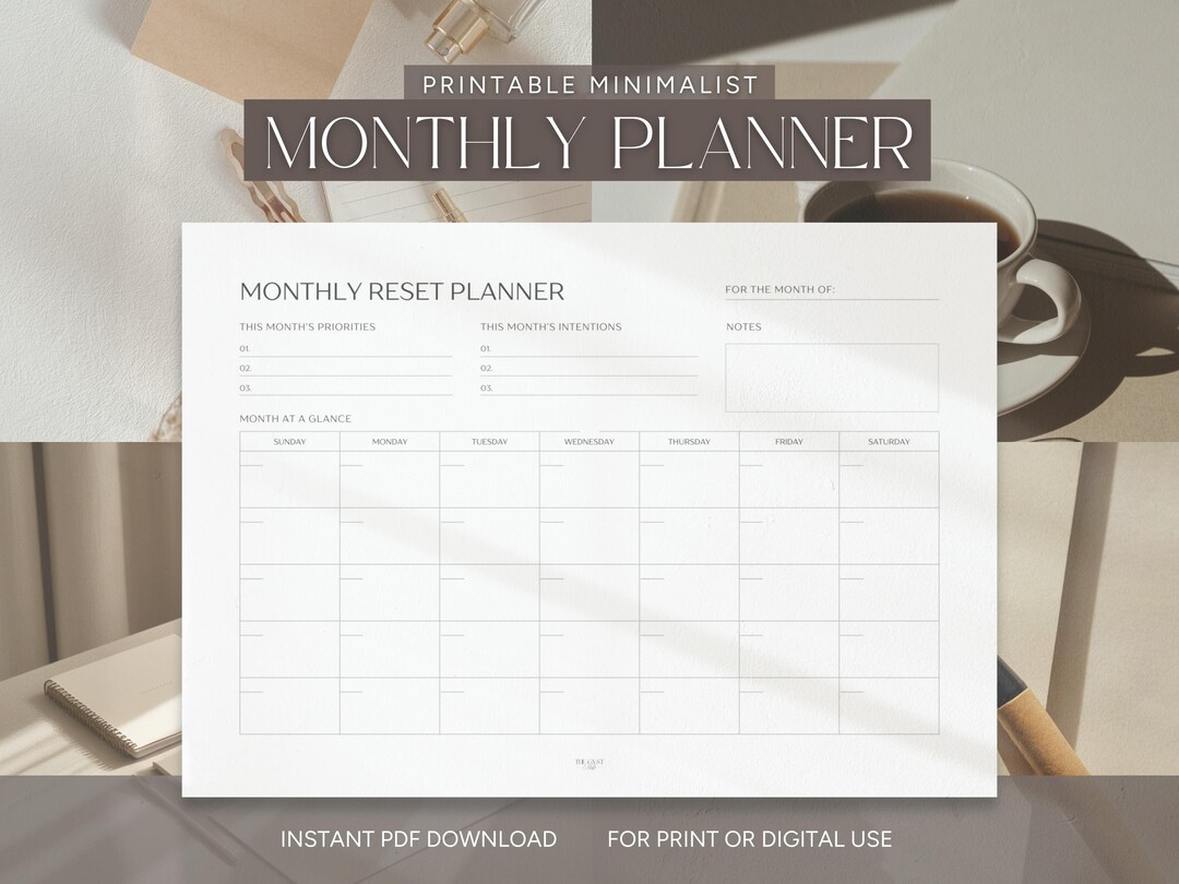 Monthly Reset Planner Printable Reusable Calendar Minimalist Goal ...