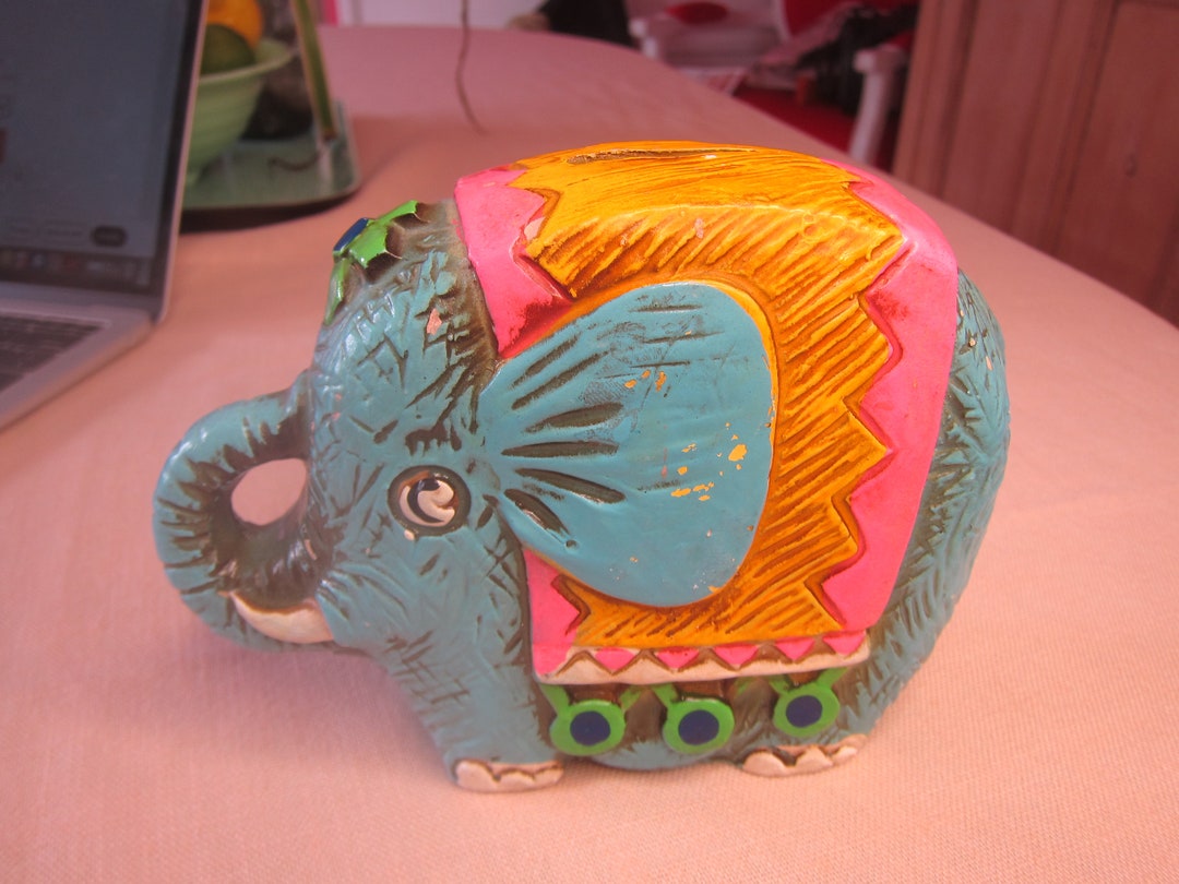 Plaster Elephant Piggy Bank Bdright Colors 1960's Pink, Orange, Blue ...