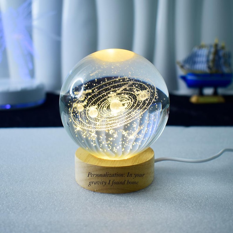 3D Galaxy Crystal Ball–6cm Solar System Lamp–personalized Wooden Base ...